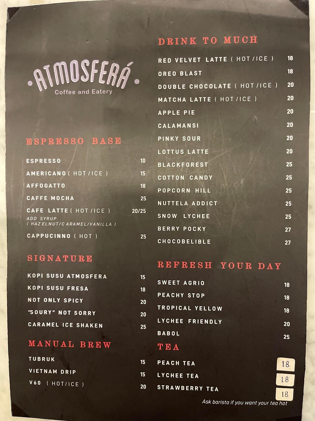 Carta del café Atmosfera Coffee and Eatery, Jepara