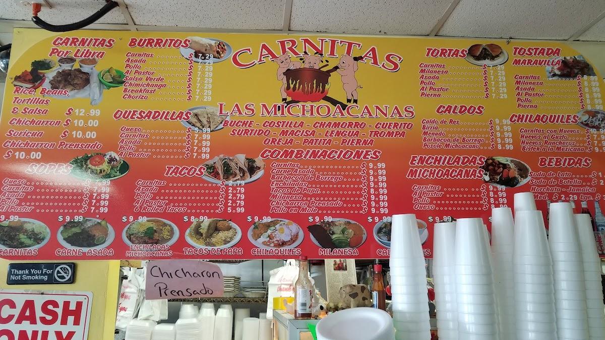 Menu at Carnitas Las Michoacanas restaurant, San Diego, University Ave