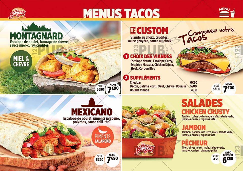 Menu at Happy Burger restaurant, Montélimar