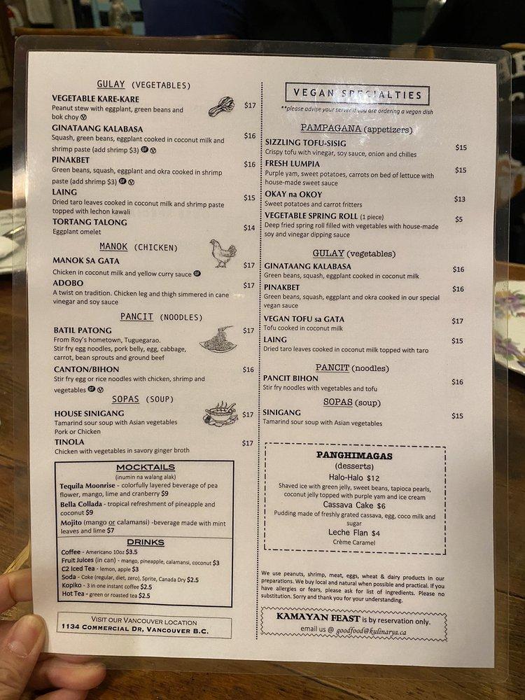 Menu at Kulinarya Filipino Eatery restaurant, Coquitlam