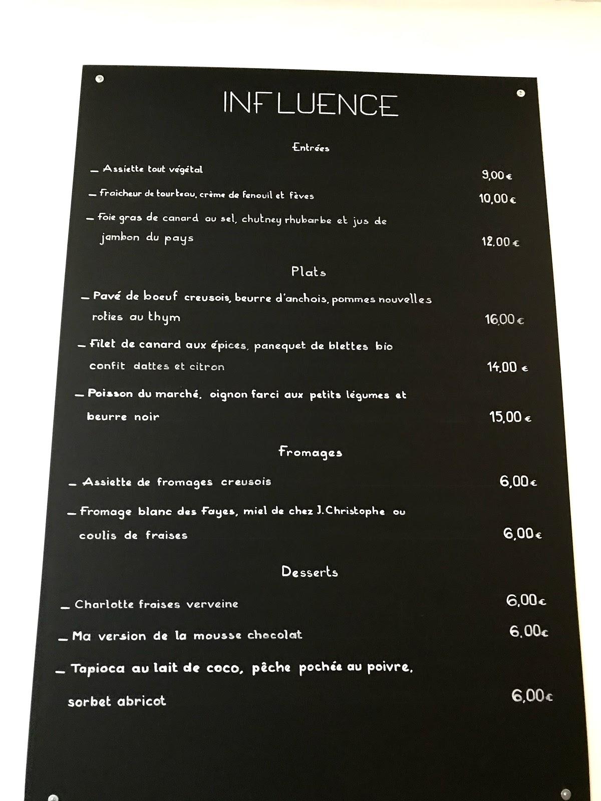 Menu au Restaurant Influence, La Chapelle-Taillefert