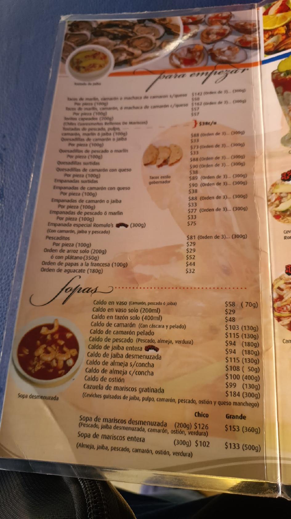 Carta del restaurante Romulo's, Ciudad del México, Uxmal 52