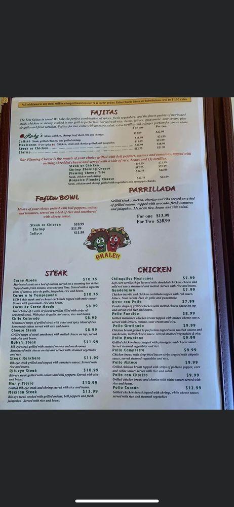 Menu at Ruby's Mexican Grill and Cantina restaurant, Albertville