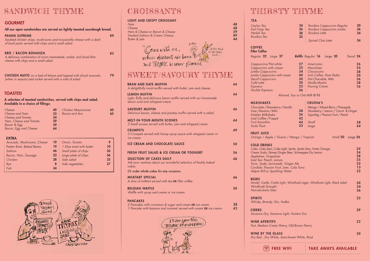 Menu at Sage & Thyme Village Coffee Shop restaurant, Cape Town, Shop 28