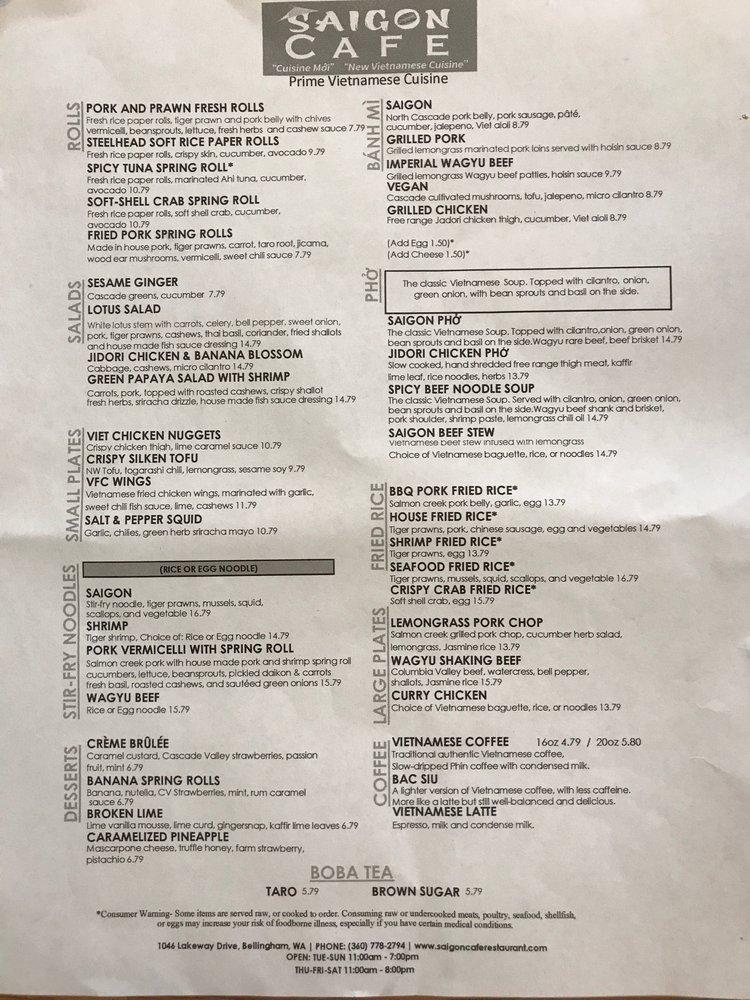 Menu at Saigon Cafe, Bellingham