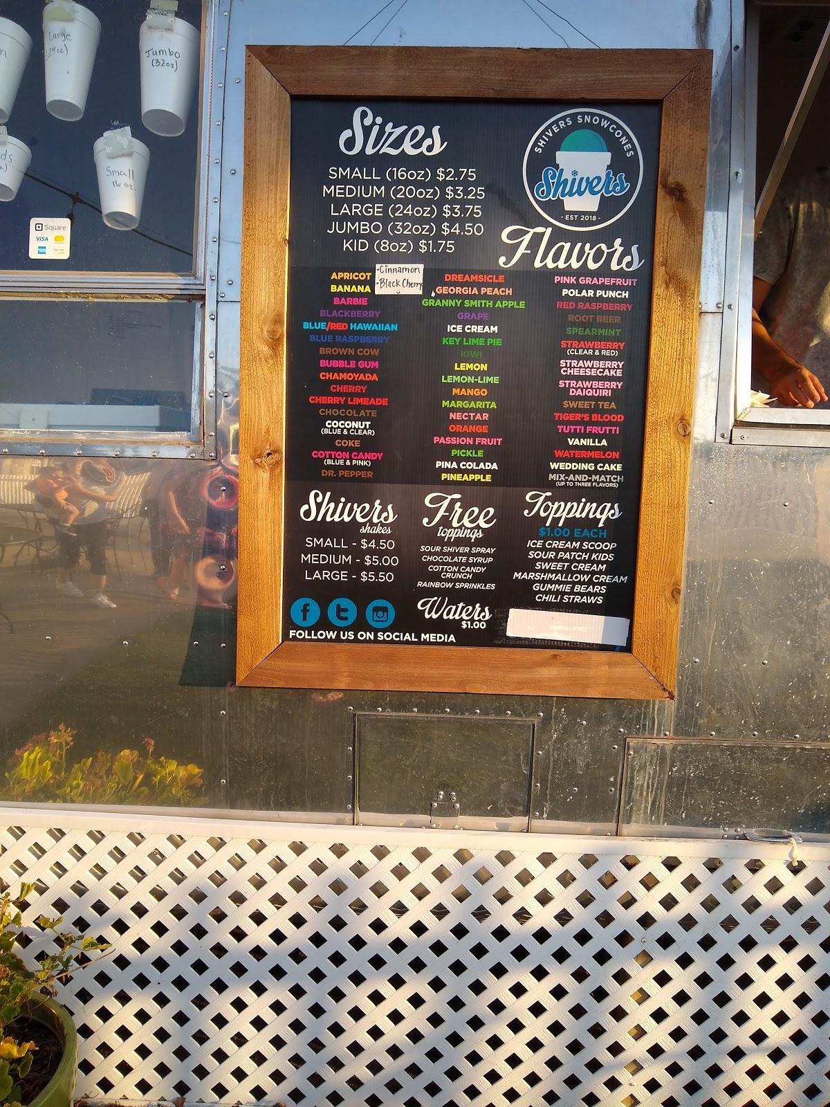 Menu at Shivers Snowcones restaurant, Mansfield