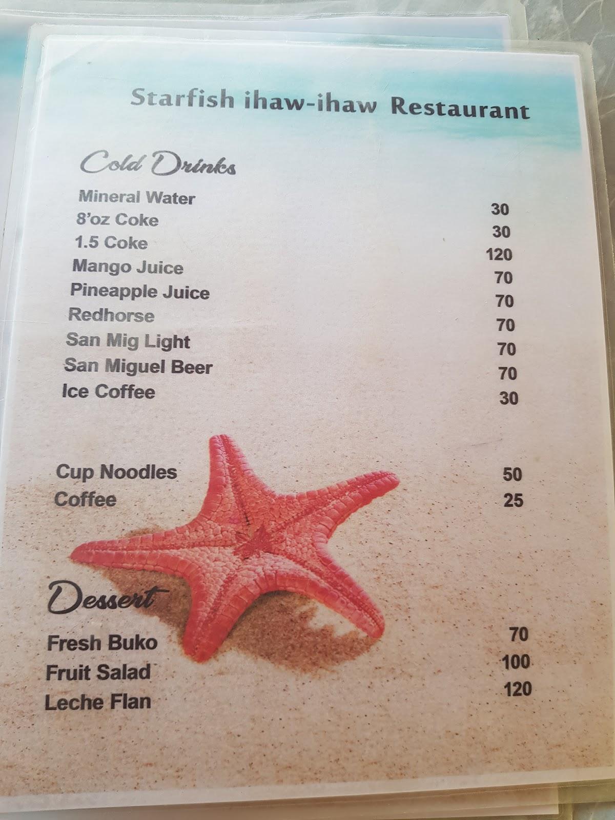 Menu at Starfish Ihaw-ihaw Restaurant, Puerto Galera