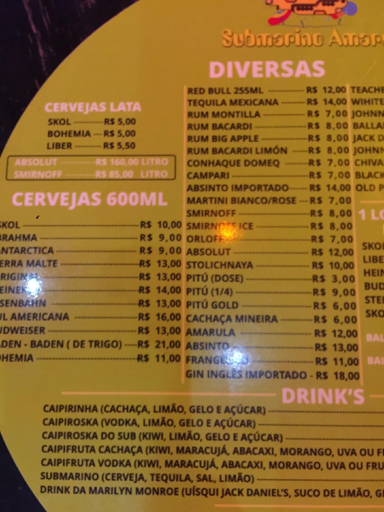Carta del restaurante Submarino Amarelo, Tamandaré