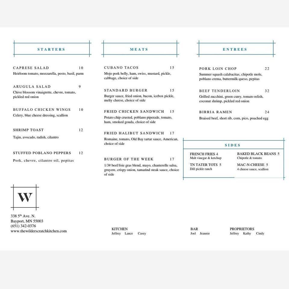 Menu at The Wilder Scratch Kitchen restaurant, Bayport