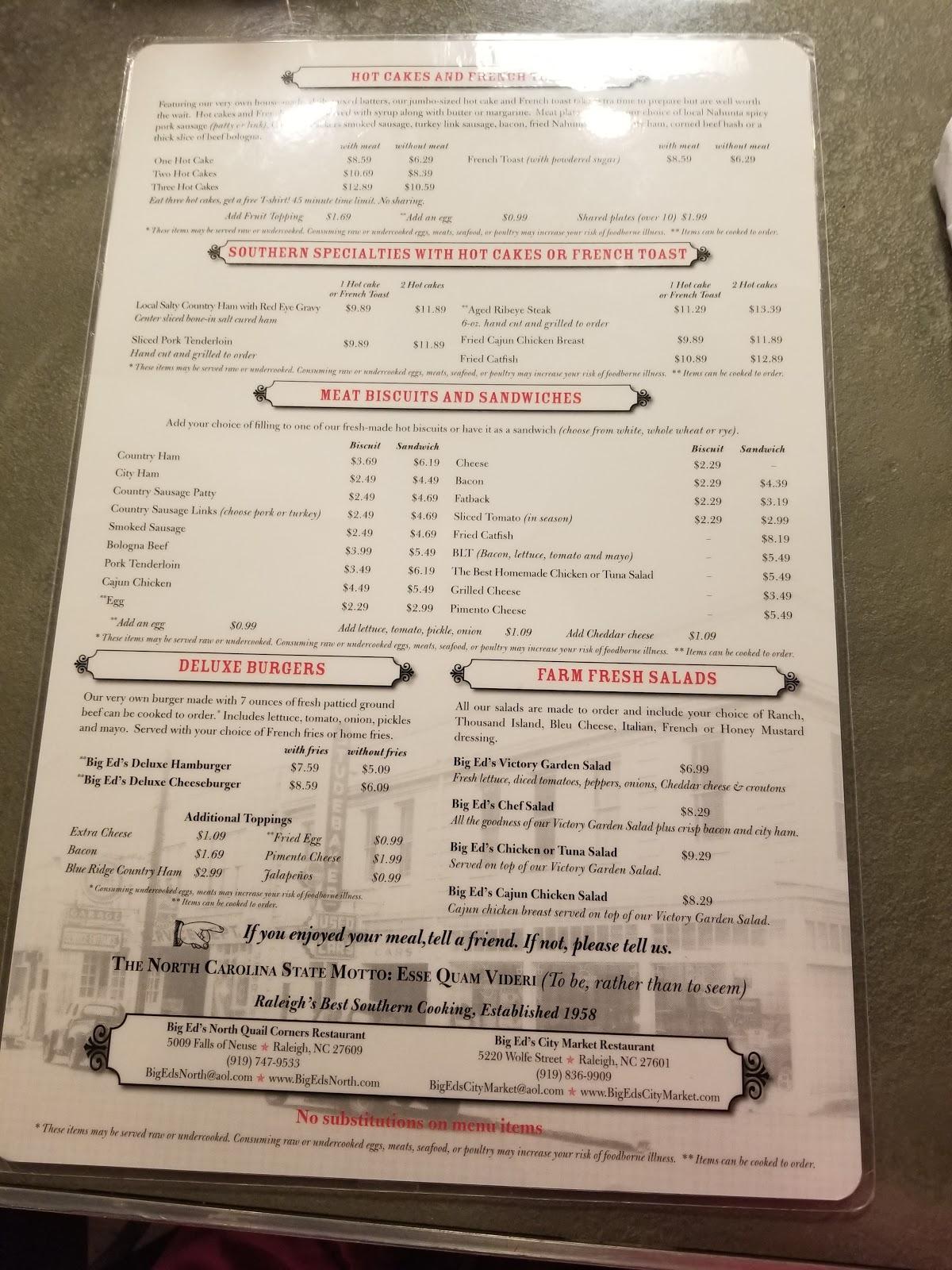 Menu at Big Ed's North Restaurant, Raleigh