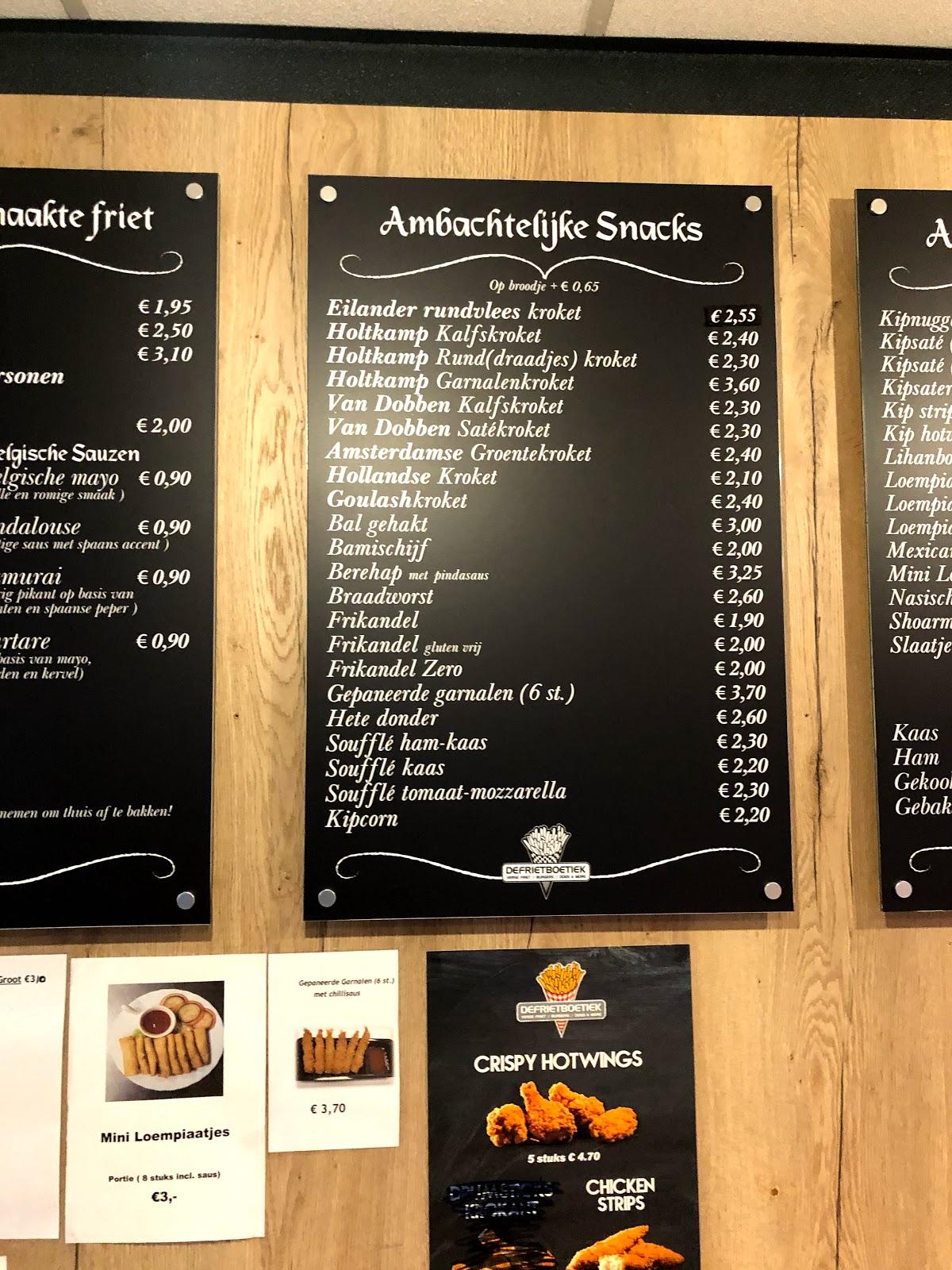Menu at De Frietboetiek, Krommenie