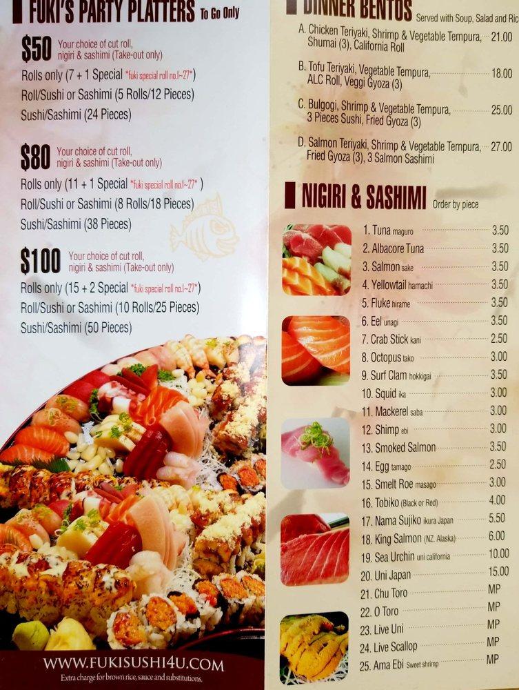 Menu at Fuki Sushi restaurant, River Edge