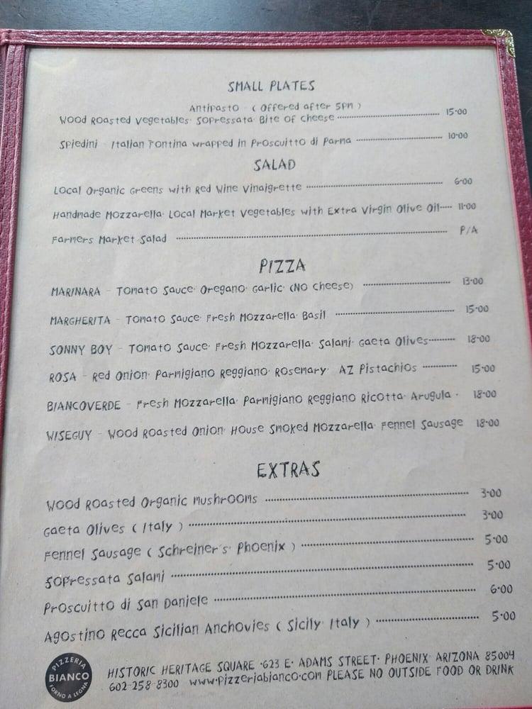 Menu at Pizzeria Bianco, Phoenix, 623 E Adams St