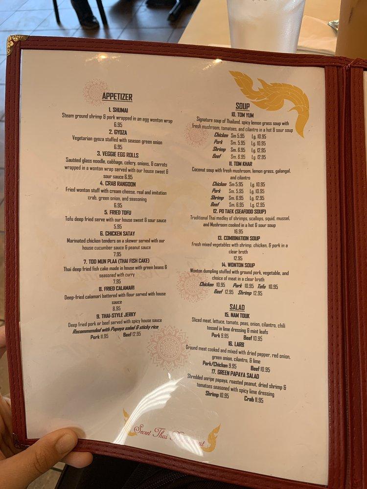 Menu at Secret Thai Restaurant, Chalmette