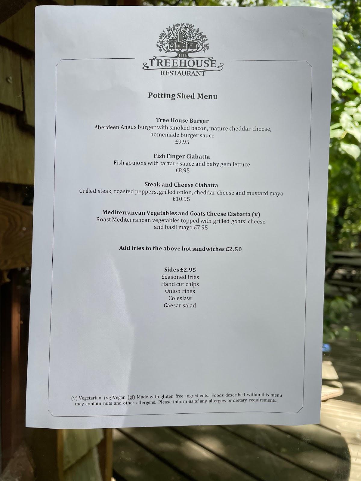 Menu at The Treehouse Restaurant, Alnwick
