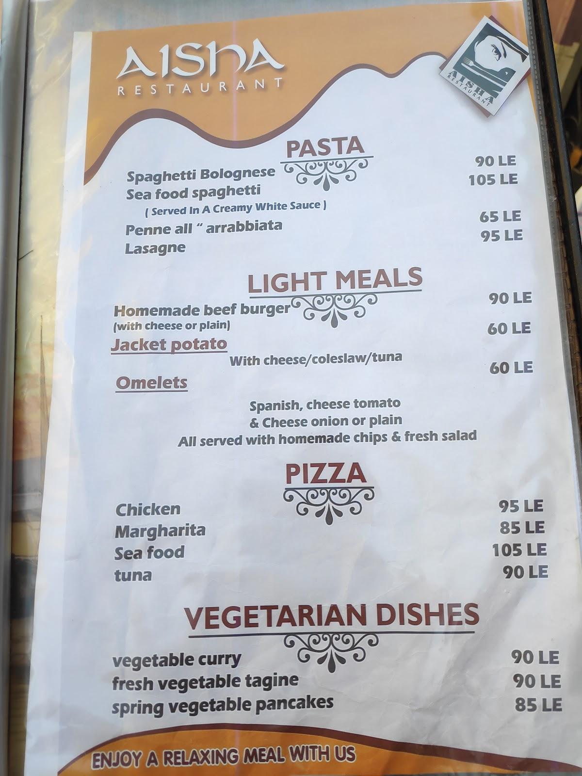 Menu at Aisha restaurant Luxor, Luxor