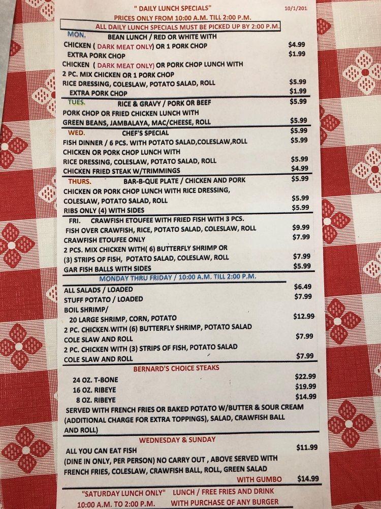 Menu at Bernard's Cajun Sea-Fry Restaurant, Cottonport