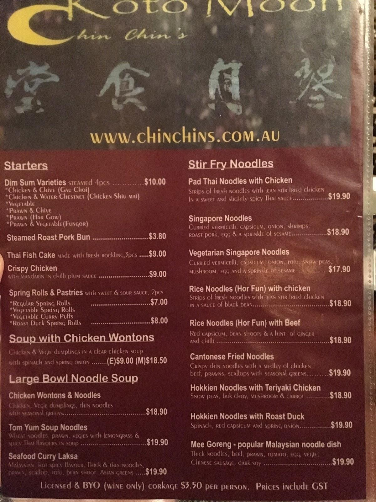 Menu at Chin Chin's at Koto Moon restaurant, Carlton North