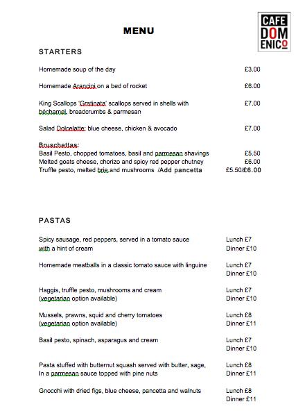 Menu at Domenico's restaurant, Edinburgh