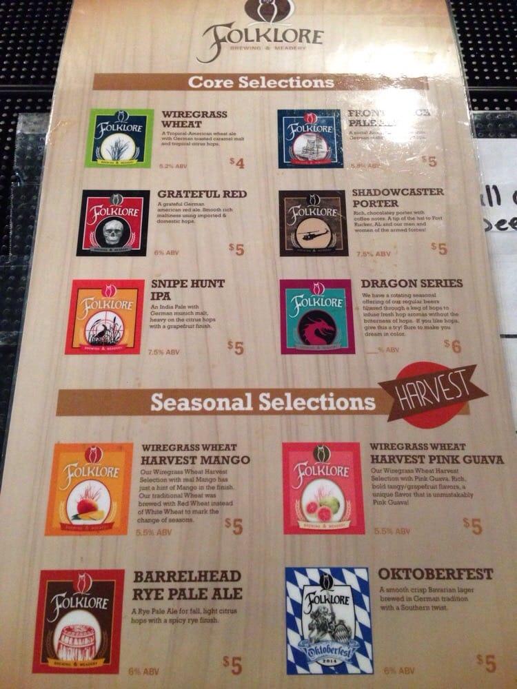 Menu at Folklore Brewing & Meadery restaurant, Dothan