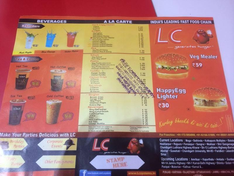 Menu at LC Generates Hunger, Jalandhar