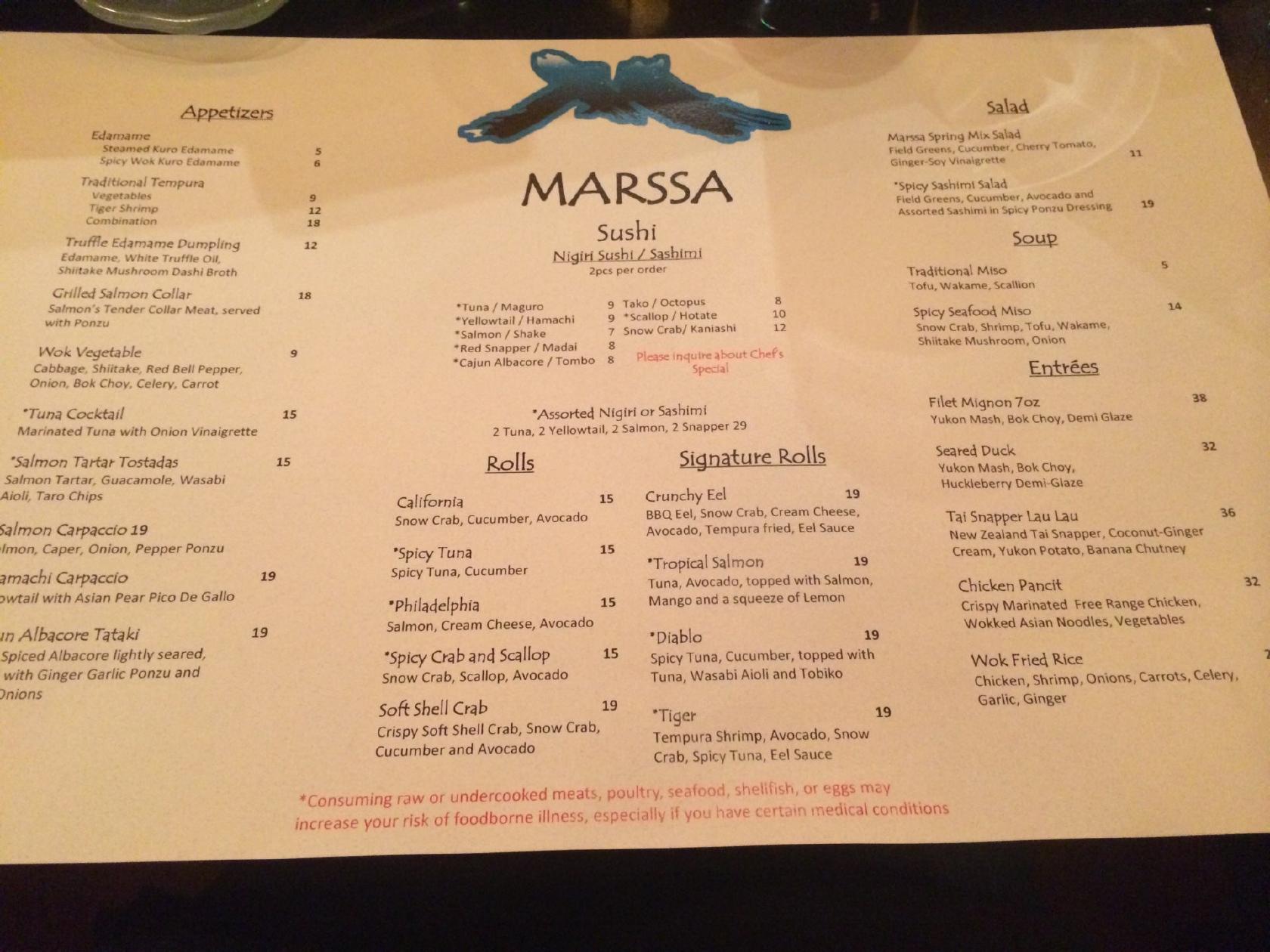 Menu at Marssa Restaurant, Henderson