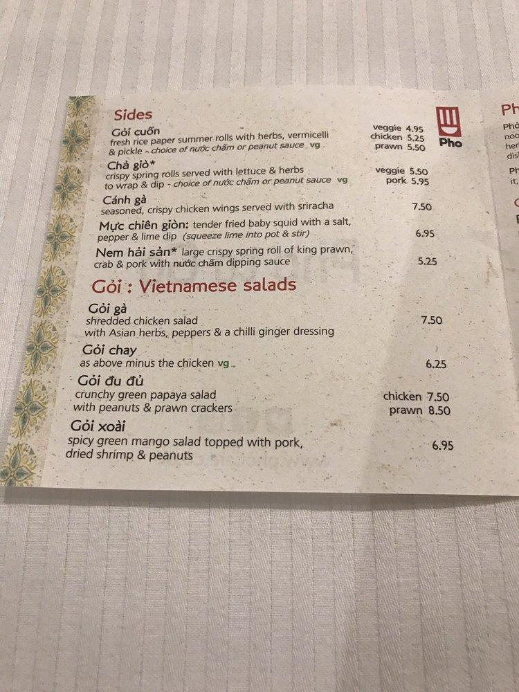 Menu at Pho restaurant, London, 48 Brushfield St