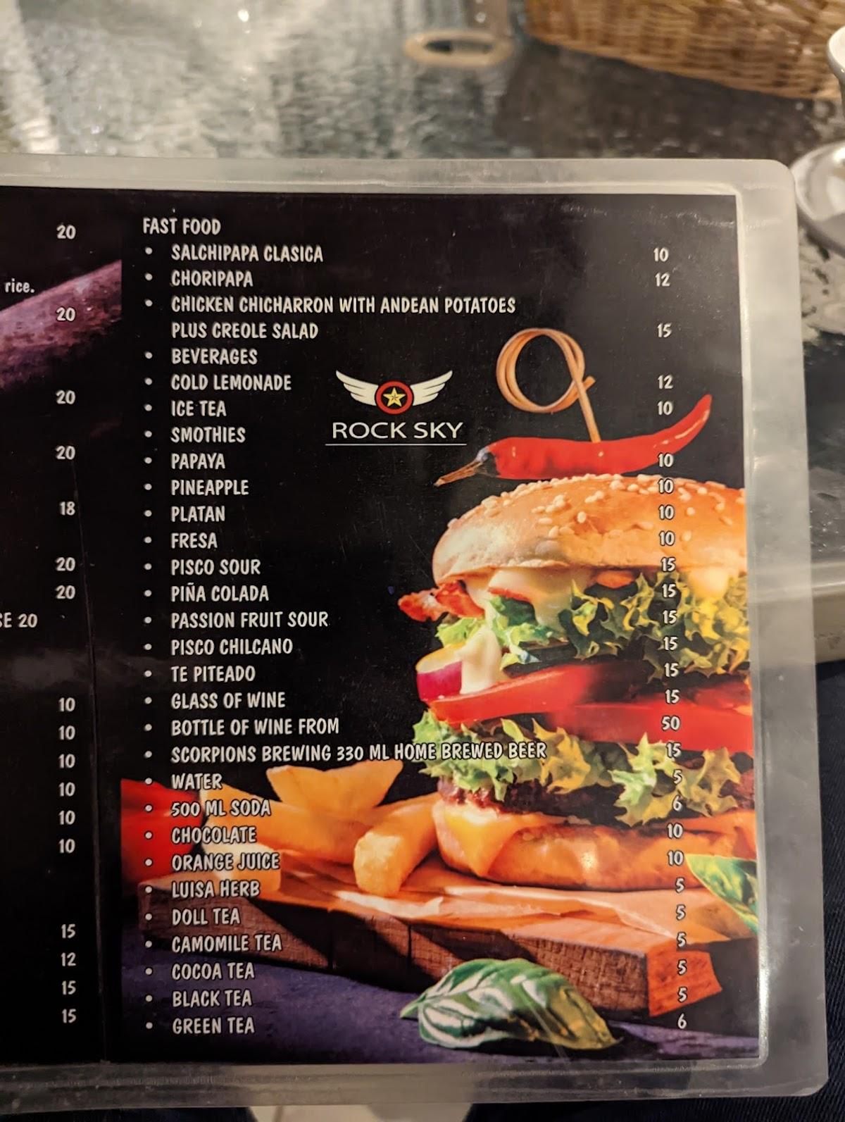 Menu at Rock Sky Restobar, Cusco