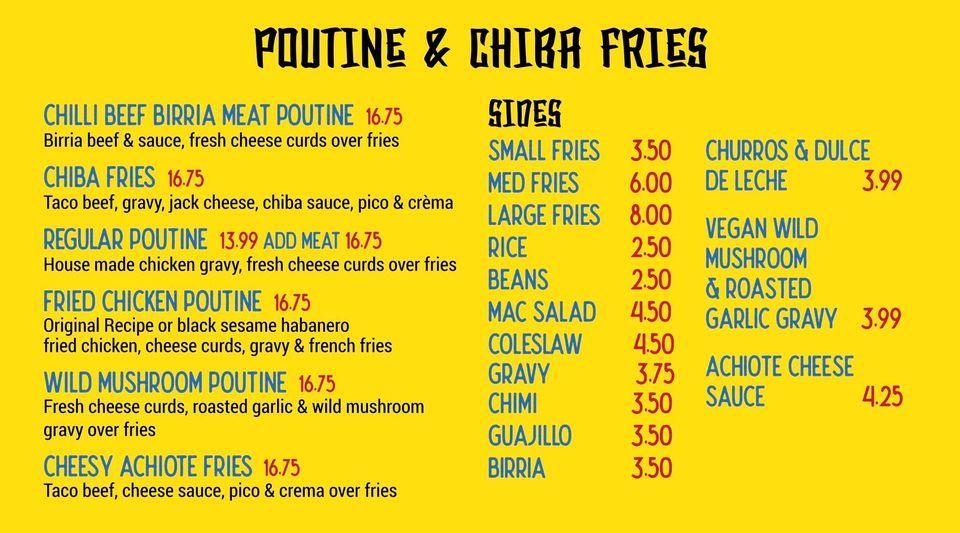 Menu at Sunny Chibas Fried Chicken Mexican Cantina restaurant, Squamish