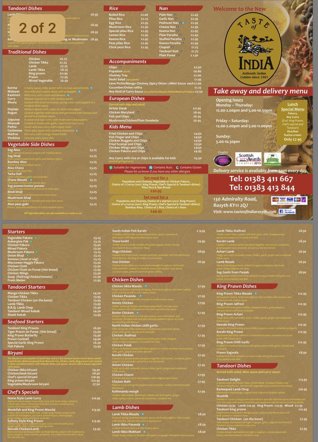 Menu at Taste Of India Rosyth. restaurant, Dunfermline, 130 Admiralty Rd