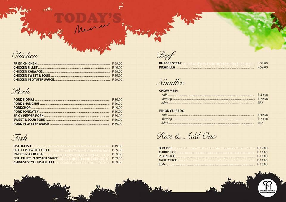 Menu at The Midnight Chef and Curry cafeteria, Cavite City