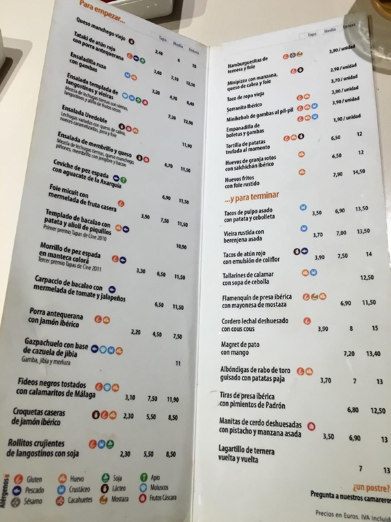Menu at Uvedoble Taberna pub & bar, Málaga