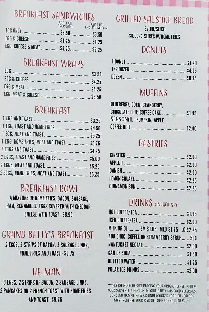 Menu at Bettys restaurant, Blackstone