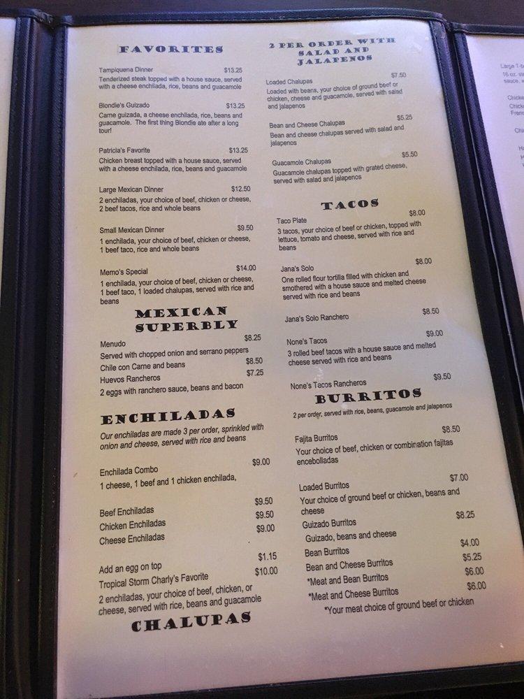 Menu at Memo's Restaurant, Del Rio