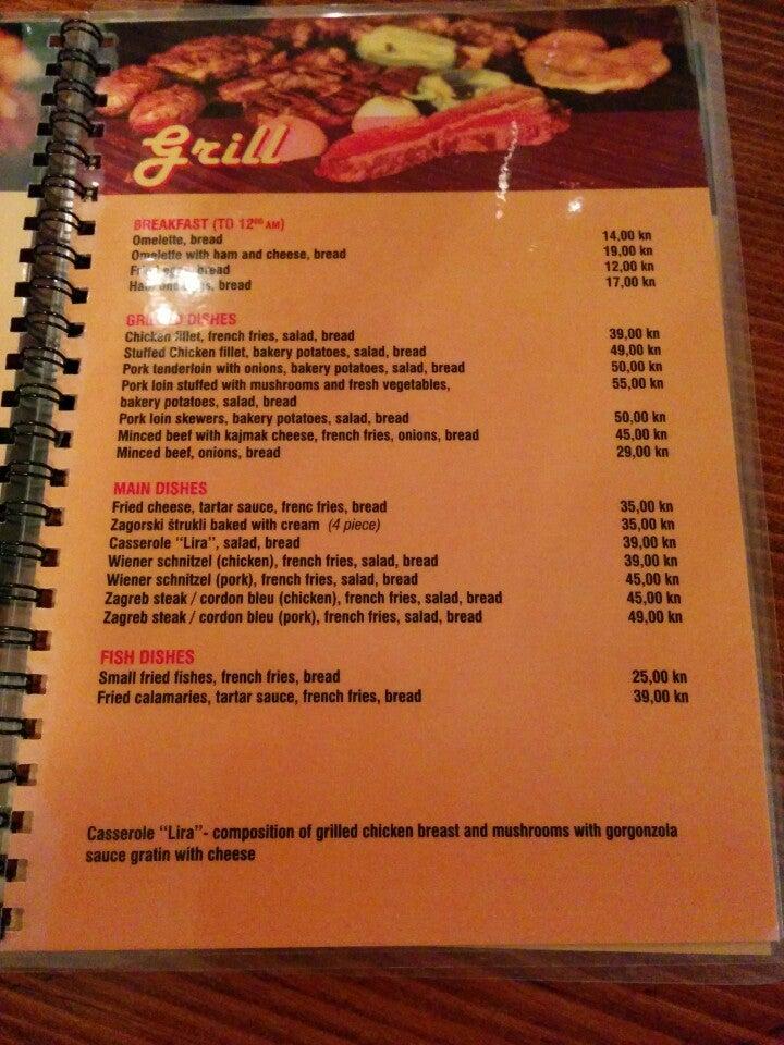 Menu at Pizzeria Lira Grill, Zagreb