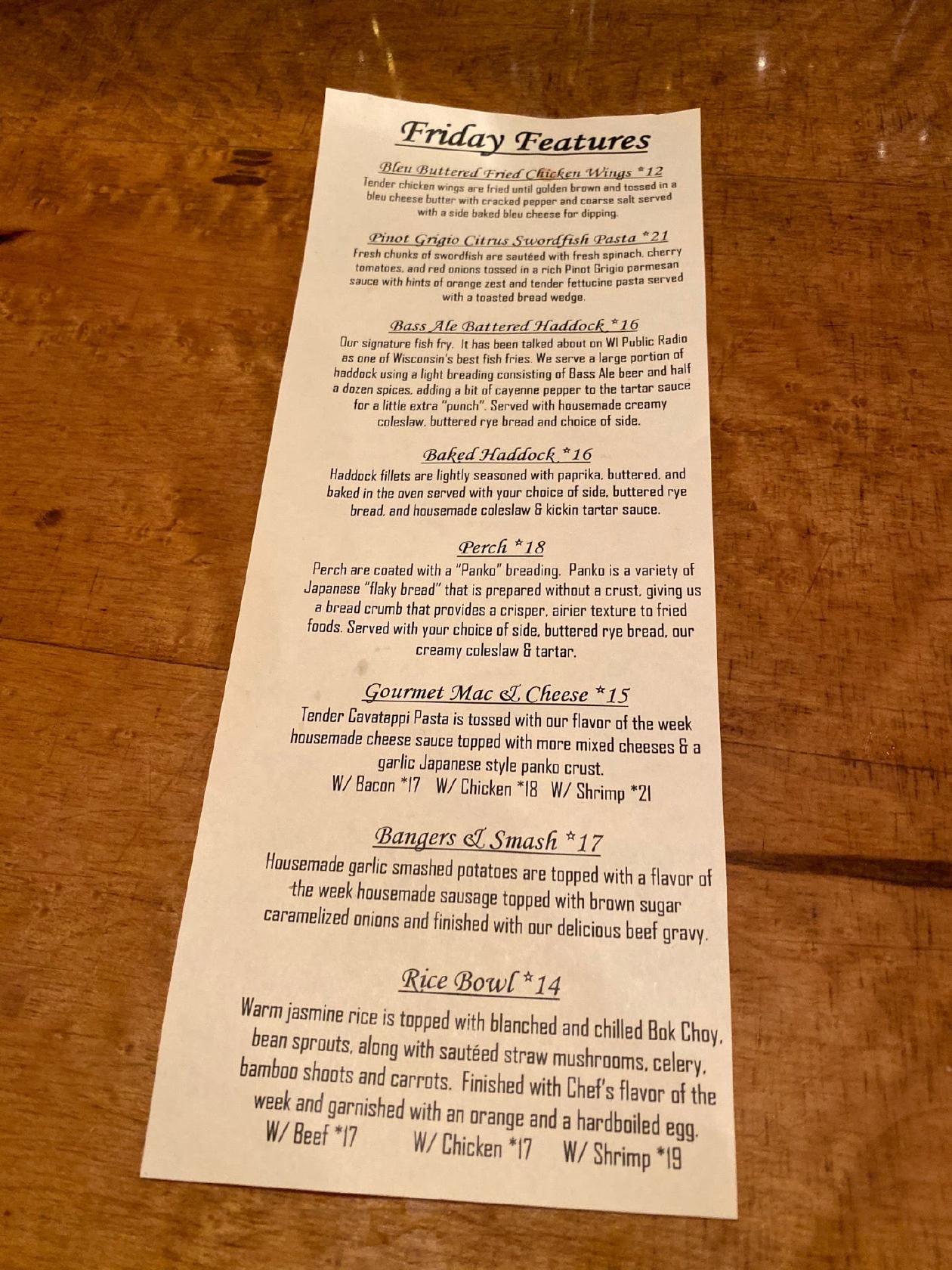 Menu at T-Dubs Pub, Waupaca