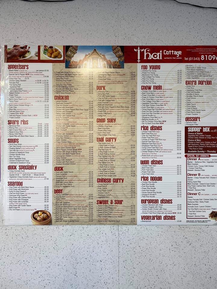 Menu at Thai Cottage restaurant, Lossiemouth