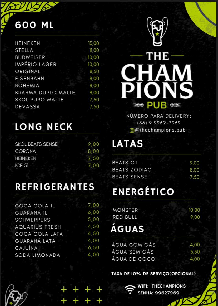 Menu at The Champions Pub, Teresina