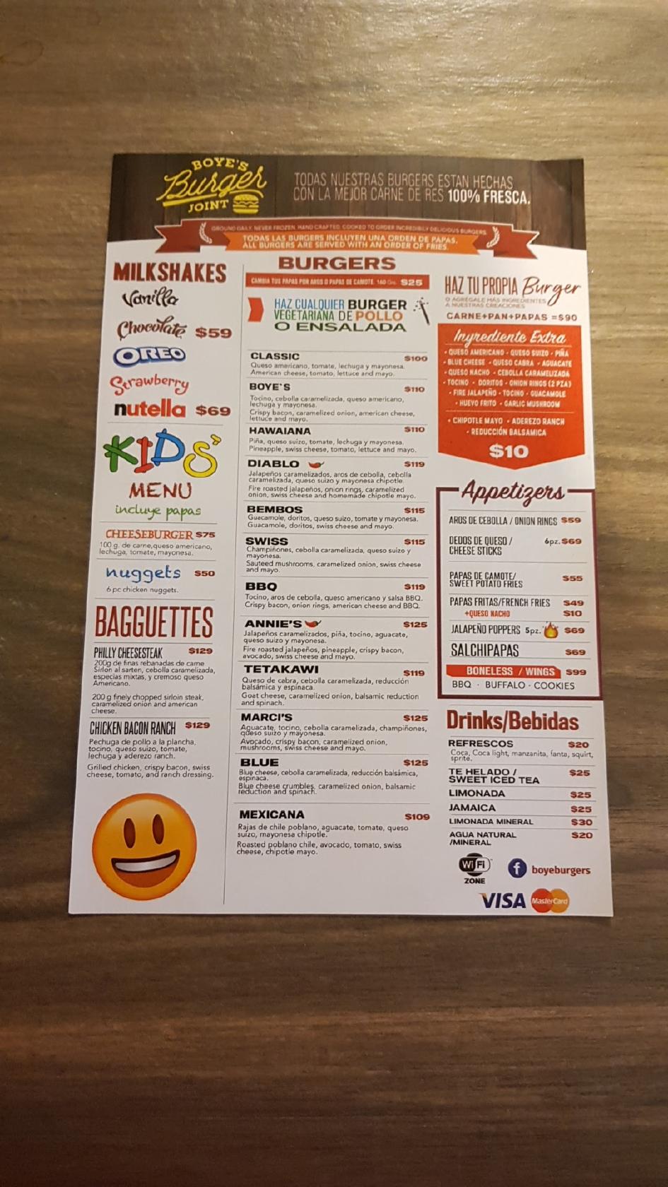 Menu at Boye's Burger Joint restaurant, Guaymas, Carr. Internacional #1495