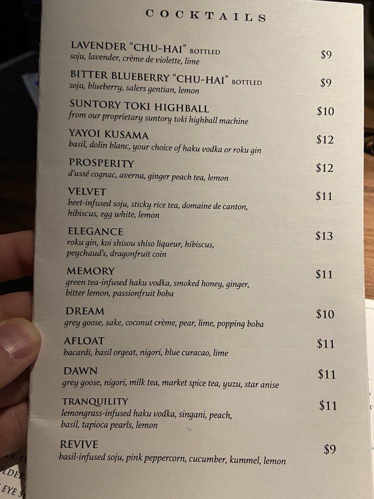 Menu at COBRA restaurant, Pittsburgh