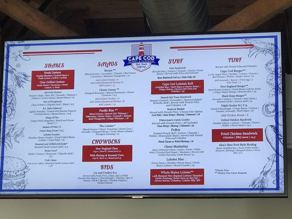Menu at Cape Cod Eatery and Taphouse pub & bar, Pismo Beach