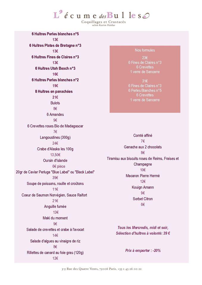 Menu at L'Ecume des Bulles restaurant, Paris