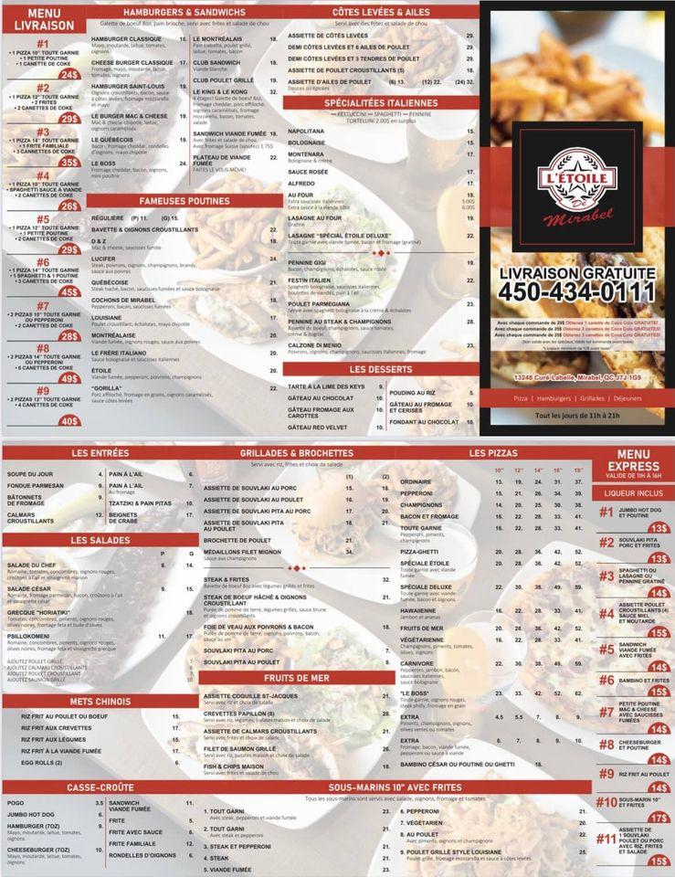 Menu au L'Étoile de Mirabel restaurant, Mirabel, Bd du Curé-Labelle