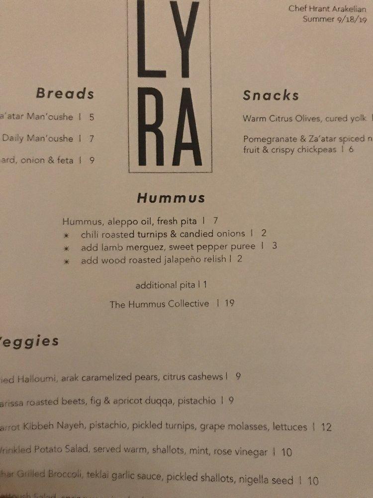 Carta del restaurante Lyra, Nashville