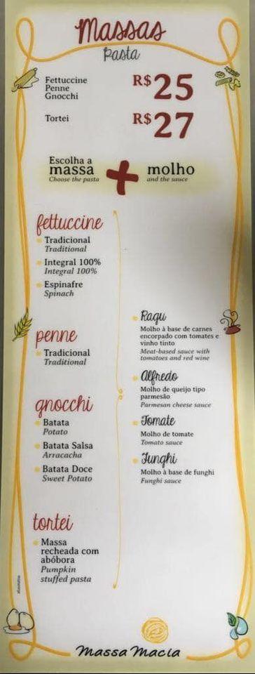 Menu em Massa Macia restaurante, Curitiba
