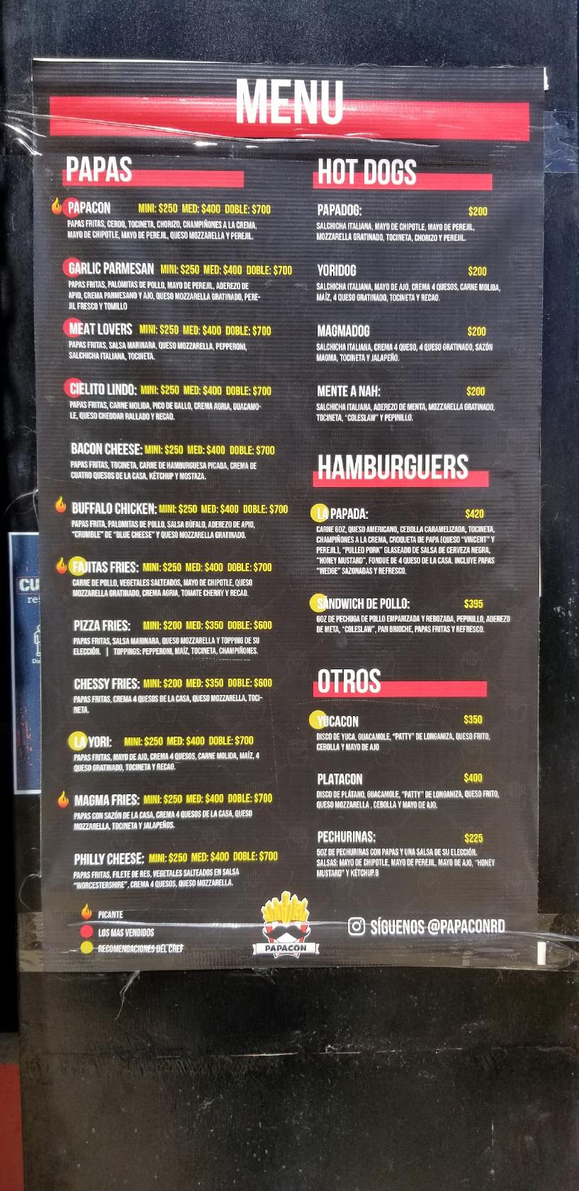 Menu at Papacon restaurant, Santiago De Los Caballeros
