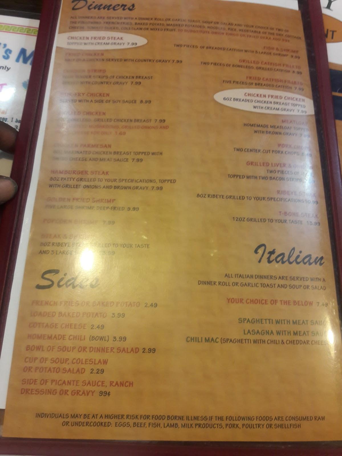Menu at Perry's restaurant, Oklahoma City