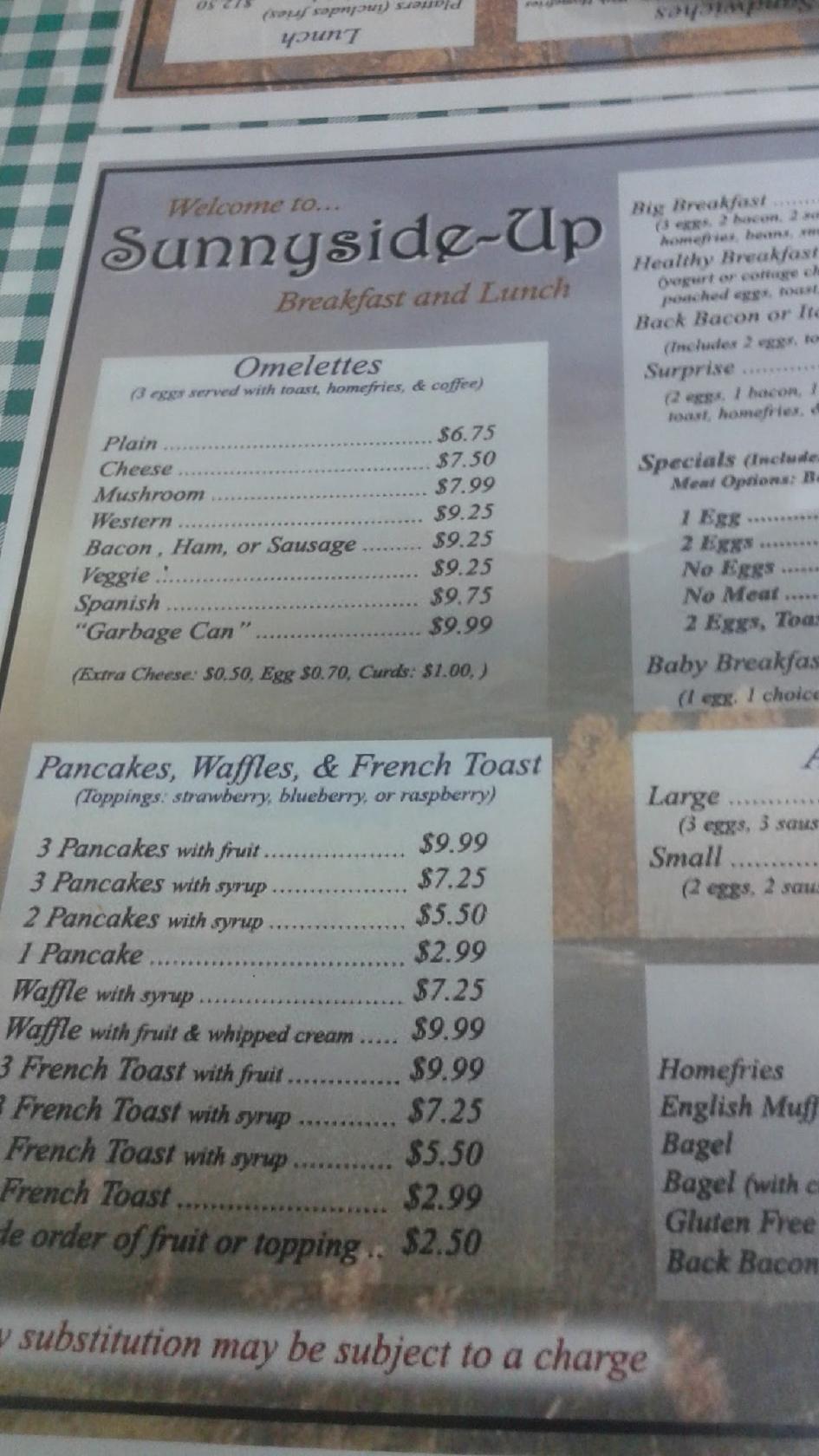 Menu at Sunnyside Up restaurant, Cornwall