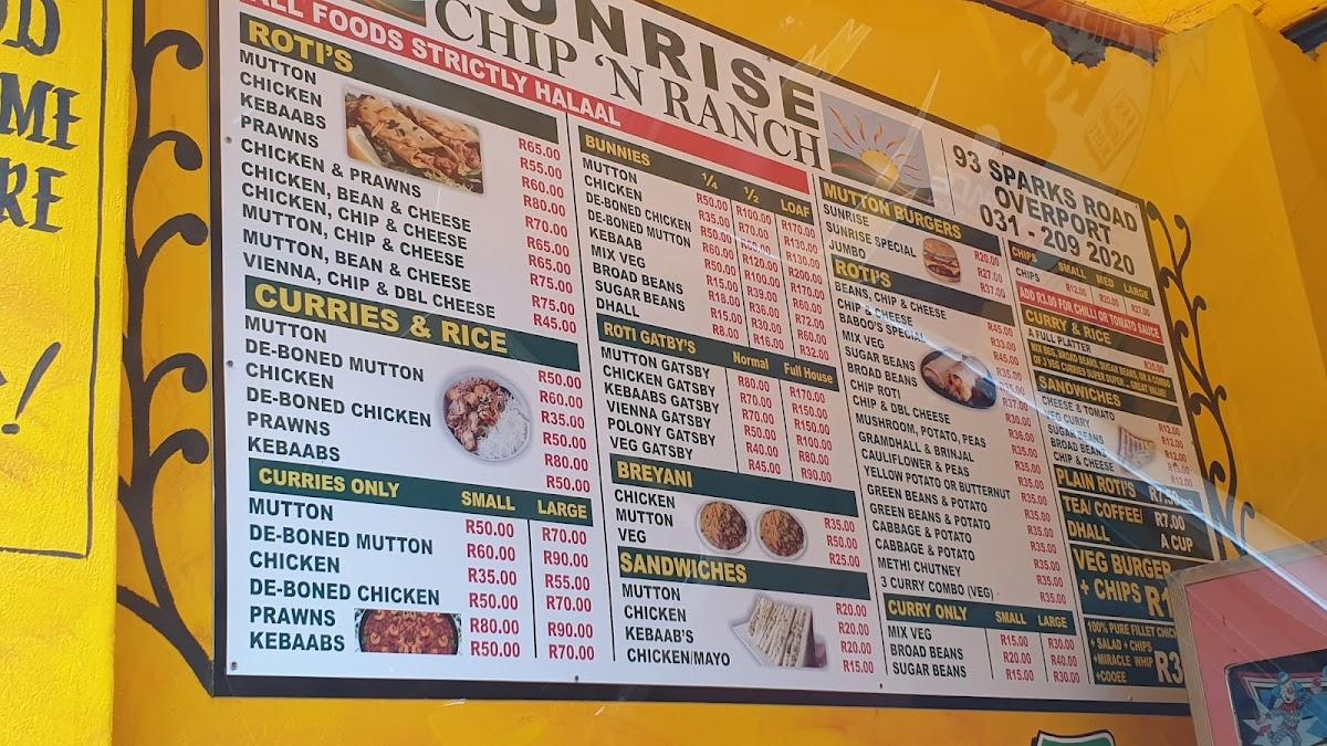 Menu at Sunrise Chip N Ranch, Overport, Durban restaurant, Durban, 93 ...