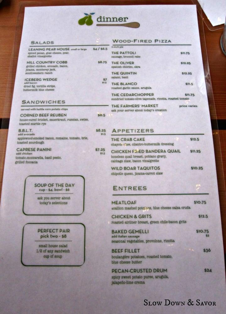 Menu at The Leaning Pear pizzeria, Wimberley